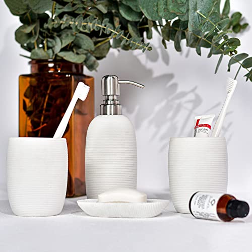 Lilyang White Ceramic Bathroom Accessories Set, 4 Pcs Bathroom Accessory Set with Soap Dispenser, 2 Bathroom Tumblers and Soap Dish, Premium Accesorios para Baño for Bathroom Decor