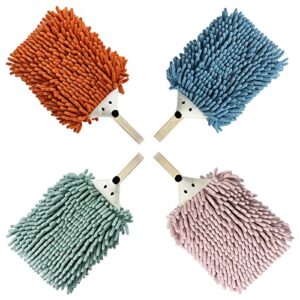 4 pack chenille hand towels funny fuzzy ball towel cute animal kids hand towels microfiber plush absorbent quick hand drying puff towel with hanging button loop for kitchen and bathroom (hedgehog)