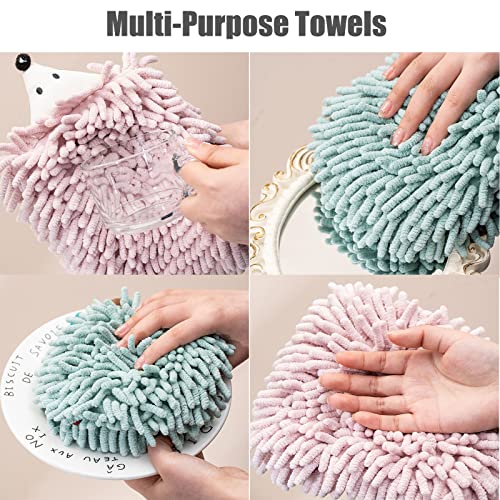 4 Pack Chenille Hand Towels Funny Fuzzy Ball Towel Cute Animal Kids Hand Towels Microfiber Plush Absorbent Quick Hand Drying Puff Towel with Hanging Button Loop for Kitchen and Bathroom (Hedgehog)