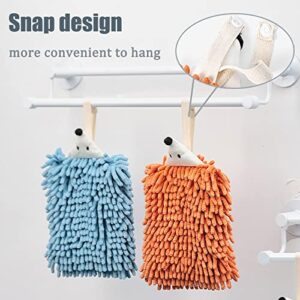 4 Pack Chenille Hand Towels Funny Fuzzy Ball Towel Cute Animal Kids Hand Towels Microfiber Plush Absorbent Quick Hand Drying Puff Towel with Hanging Button Loop for Kitchen and Bathroom (Hedgehog)