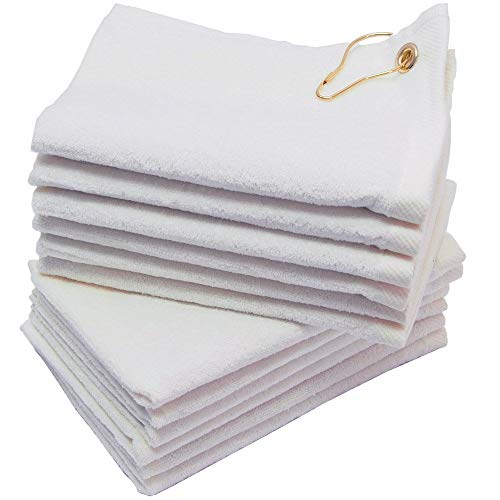 GEORGIABAGS 6 Pack Terry Velour Golf Towels, 11x18 Fingertip Towels, Sport Towels, Corner Grommet & Hook (White, 6)