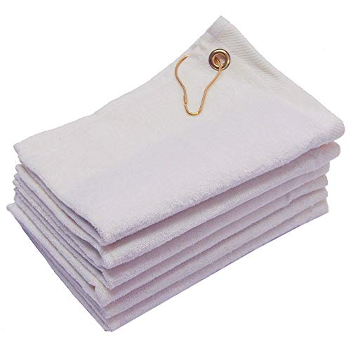 GEORGIABAGS 6 Pack Terry Velour Golf Towels, 11x18 Fingertip Towels, Sport Towels, Corner Grommet & Hook (White, 6)