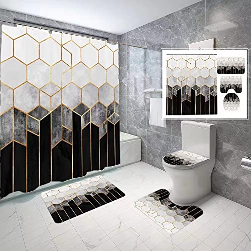 AYULO 4 Pcs Black Marble Shower Curtain Set, Abstract Geometric Modern Bathroom Sets with Non-Slip Rugs, Toilet Lid Cover and Bath Mat,Shower Curtain with 12 Hooks