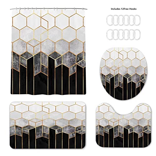 AYULO 4 Pcs Black Marble Shower Curtain Set, Abstract Geometric Modern Bathroom Sets with Non-Slip Rugs, Toilet Lid Cover and Bath Mat,Shower Curtain with 12 Hooks