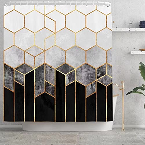 AYULO 4 Pcs Black Marble Shower Curtain Set, Abstract Geometric Modern Bathroom Sets with Non-Slip Rugs, Toilet Lid Cover and Bath Mat,Shower Curtain with 12 Hooks