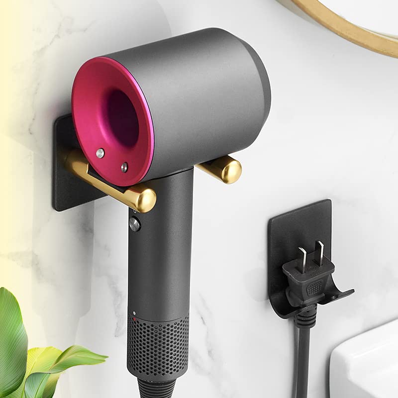 ROZZWILD Hair Dryer Holder Adhesive No Drill Wall Mounted Aviation Aluminum Alloy Blow Dryer Rack with Plug Bracket in Bathroom Barbershop Saloon Fit for Dyson and Most Hair Dryers