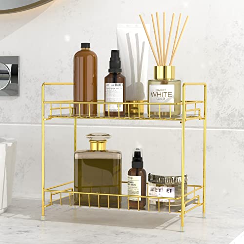 2 Tier Bathroom Organizer Countertop with Transparent Liner, Perfume Tray Vanity Makeup Organizers and Storage or Kitchen Spice Rack Corner Countertop Shelf Cosmetic Holder -Gold