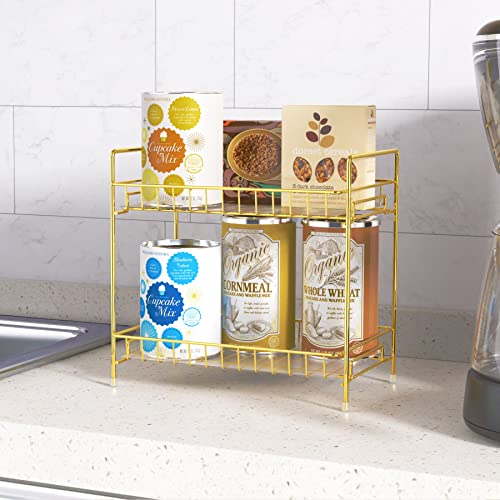 2 Tier Bathroom Organizer Countertop with Transparent Liner, Perfume Tray Vanity Makeup Organizers and Storage or Kitchen Spice Rack Corner Countertop Shelf Cosmetic Holder -Gold