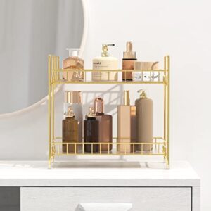 2 Tier Bathroom Organizer Countertop with Transparent Liner, Perfume Tray Vanity Makeup Organizers and Storage or Kitchen Spice Rack Corner Countertop Shelf Cosmetic Holder -Gold