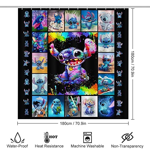 4 Piece Cartoon Shower Curtain Sets with Non-Slip Rug, Toilet Lid Cover, Bath Mat and 12 Hooks, Waterproof Shower Curtains with Rug Set for Bathroom Decor