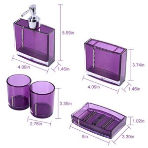 Bathroom Accessories Set, 5 Piece Acrylic Bath Accessory Bathroom Supplies Set Includes Emulsion Bottle, Tooth Brush Holder, Soap Dish, 2 Gargle Cup for Countertop and Housewarming Gift, Purple