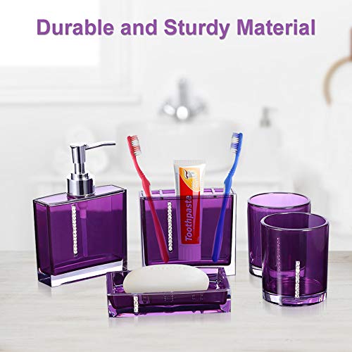 Bathroom Accessories Set, 5 Piece Acrylic Bath Accessory Bathroom Supplies Set Includes Emulsion Bottle, Tooth Brush Holder, Soap Dish, 2 Gargle Cup for Countertop and Housewarming Gift, Purple