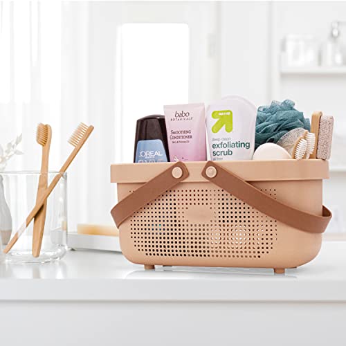 Brookstone BKH1634, Large Portable Shower Caddy with Soft Silicone Carrying Handle, Bathroom Organizer Basket, Plastic Bath Tote, Dries Quickly with Drainage Holes [BPA Free], Blush Color