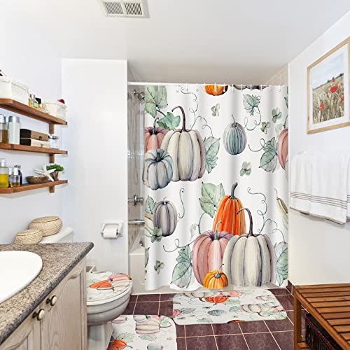 WILLBOND 4 Pcs Fall Shower Curtain Sets with Rugs Thanksgiving Watercolor Pumpkin Set Non Slip Toilet Lid Cover and Bath Mat 72 x Inches Hooks for Bathroom