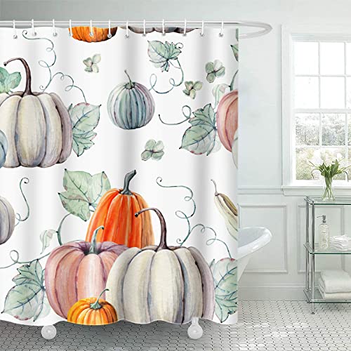 WILLBOND 4 Pcs Fall Shower Curtain Sets with Rugs Thanksgiving Watercolor Pumpkin Set Non Slip Toilet Lid Cover and Bath Mat 72 x Inches Hooks for Bathroom