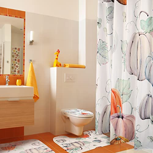 WILLBOND 4 Pcs Fall Shower Curtain Sets with Rugs Thanksgiving Watercolor Pumpkin Set Non Slip Toilet Lid Cover and Bath Mat 72 x Inches Hooks for Bathroom