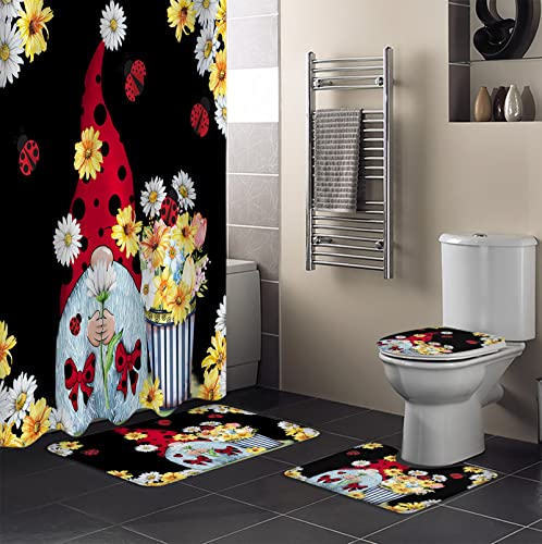 Ladybug Gnome 4 Piece Shower Curtain Sets with Non-Slip Rugs, Toilet Lid Cover and Bath Mat, Spring Summer Daisy Flower American Country Style Shower Curtain with 12 Hooks, Durable and Waterproof