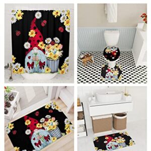 Ladybug Gnome 4 Piece Shower Curtain Sets with Non-Slip Rugs, Toilet Lid Cover and Bath Mat, Spring Summer Daisy Flower American Country Style Shower Curtain with 12 Hooks, Durable and Waterproof