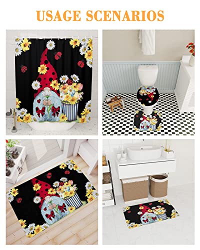 Ladybug Gnome 4 Piece Shower Curtain Sets with Non-Slip Rugs, Toilet Lid Cover and Bath Mat, Spring Summer Daisy Flower American Country Style Shower Curtain with 12 Hooks, Durable and Waterproof