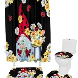 Ladybug Gnome 4 Piece Shower Curtain Sets with Non-Slip Rugs, Toilet Lid Cover and Bath Mat, Spring Summer Daisy Flower American Country Style Shower Curtain with 12 Hooks, Durable and Waterproof