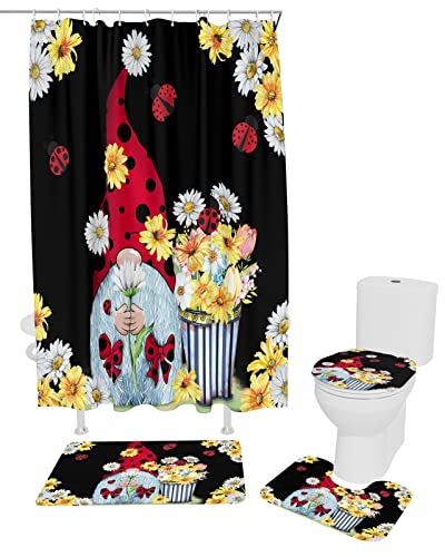 Ladybug Gnome 4 Piece Shower Curtain Sets with Non-Slip Rugs, Toilet Lid Cover and Bath Mat, Spring Summer Daisy Flower American Country Style Shower Curtain with 12 Hooks, Durable and Waterproof