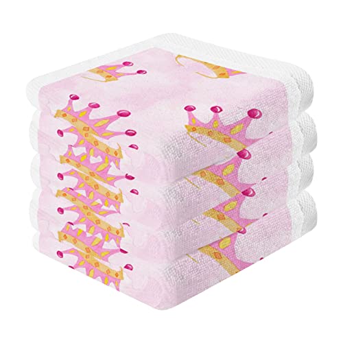 Soft Pink Watercolor Crown Washcloth 12x12in Set, 4 Pack Absorbent Cotton Towel Square Kitchen Dishes Towels, Cleaning Face Hand Towel Fast Drying