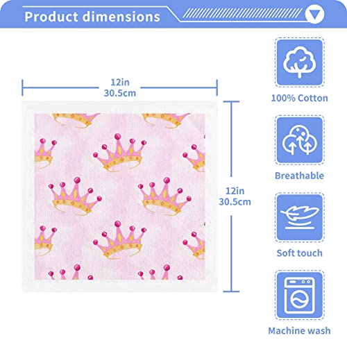 Soft Pink Watercolor Crown Washcloth 12x12in Set, 4 Pack Absorbent Cotton Towel Square Kitchen Dishes Towels, Cleaning Face Hand Towel Fast Drying