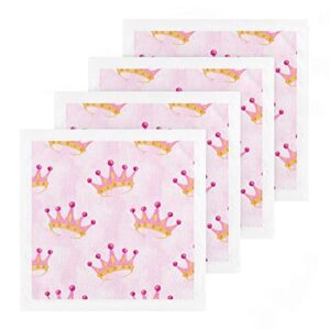 Soft Pink Watercolor Crown Washcloth 12x12in Set, 4 Pack Absorbent Cotton Towel Square Kitchen Dishes Towels, Cleaning Face Hand Towel Fast Drying