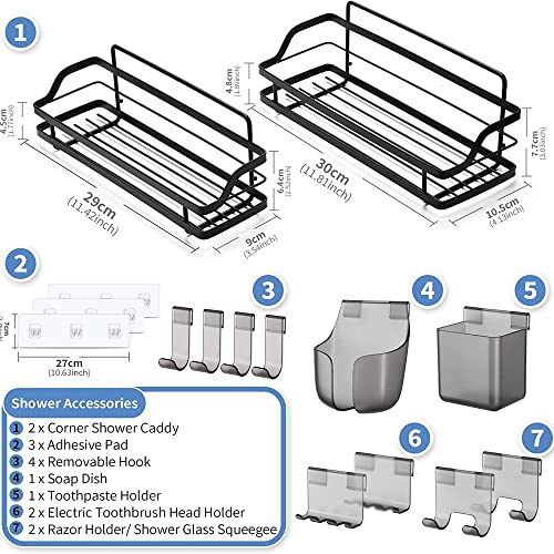 UDTAVZ Shower Caddy 2 Pack, No Drilling Shower Organizer, Shower Baskets for inside Shower, Adhesive Shower Shelves with 10 Hooks for Shampoo Soap Towel, Matte Black