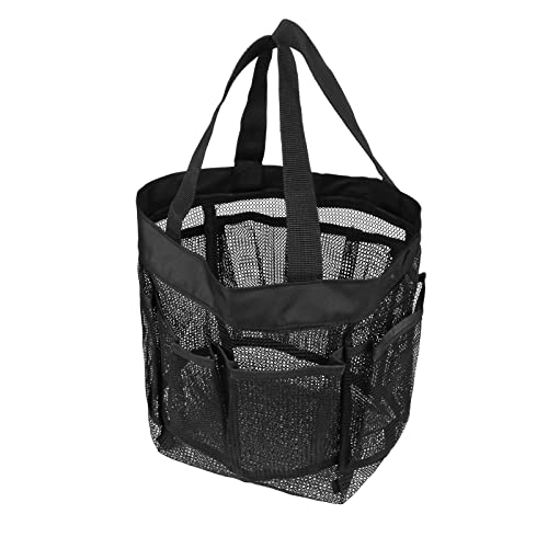 SAVITA Mesh Shower Caddy Portable, Nylon Large Shower Tote Bag Bath Caddy Organizer with Handle and 7 Side Storage Pockets Quickly Dry Shower Bag for Dorm Room Gym Camping (Black)