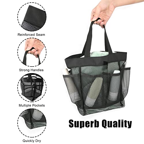 SAVITA Mesh Shower Caddy Portable, Nylon Large Shower Tote Bag Bath Caddy Organizer with Handle and 7 Side Storage Pockets Quickly Dry Shower Bag for Dorm Room Gym Camping (Black)