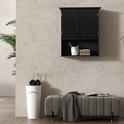 COSTWAY Wall Mounted Bathroom Cabinet, Over The Toilet Storage Cabinet w/Double Doors & Adjustable Shelf, Wood Hanging Medicine Cabinet for Living Room, Entryway, Kitchen (Black)