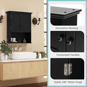 COSTWAY Wall Mounted Bathroom Cabinet, Over The Toilet Storage Cabinet w/Double Doors & Adjustable Shelf, Wood Hanging Medicine Cabinet for Living Room, Entryway, Kitchen (Black)