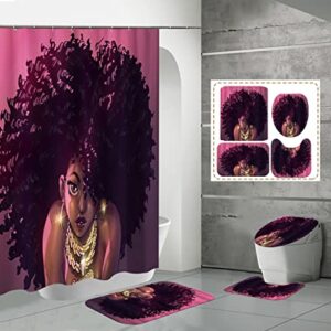 4 Pcs African American Bathroom Shower Curtain Sets with Rugs Lovely Black Girl with Shiny Necklace Shower Curtains with Toilet Lid Cover and Bath Mat Afro Black Girl Bathroom Sets with 12 Hooks