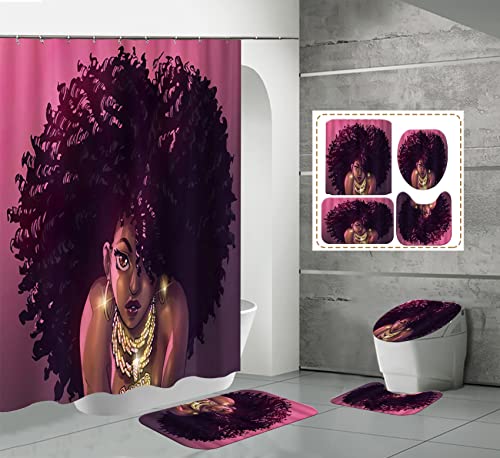 4 Pcs African American Bathroom Shower Curtain Sets with Rugs Lovely Black Girl with Shiny Necklace Shower Curtains with Toilet Lid Cover and Bath Mat Afro Black Girl Bathroom Sets with 12 Hooks