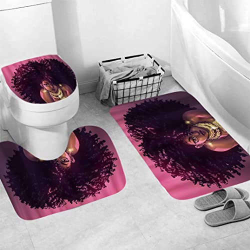 4 Pcs African American Bathroom Shower Curtain Sets with Rugs Lovely Black Girl with Shiny Necklace Shower Curtains with Toilet Lid Cover and Bath Mat Afro Black Girl Bathroom Sets with 12 Hooks