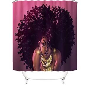 4 Pcs African American Bathroom Shower Curtain Sets with Rugs Lovely Black Girl with Shiny Necklace Shower Curtains with Toilet Lid Cover and Bath Mat Afro Black Girl Bathroom Sets with 12 Hooks