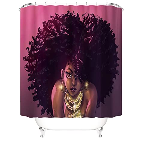 4 Pcs African American Bathroom Shower Curtain Sets with Rugs Lovely Black Girl with Shiny Necklace Shower Curtains with Toilet Lid Cover and Bath Mat Afro Black Girl Bathroom Sets with 12 Hooks