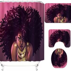 4 Pcs African American Bathroom Shower Curtain Sets with Rugs Lovely Black Girl with Shiny Necklace Shower Curtains with Toilet Lid Cover and Bath Mat Afro Black Girl Bathroom Sets with 12 Hooks