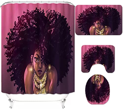 4 Pcs African American Bathroom Shower Curtain Sets with Rugs Lovely Black Girl with Shiny Necklace Shower Curtains with Toilet Lid Cover and Bath Mat Afro Black Girl Bathroom Sets with 12 Hooks