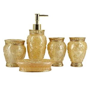 vintage golden bathroom accessories, 5piece bathroom accessories set, bathroom set features, soap dispenser, toothbrush holder, tumbler & soap dish - bath gift set