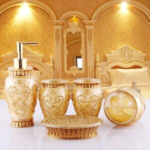 Vintage Golden Bathroom Accessories, 5Piece Bathroom Accessories Set, Bathroom Set Features, Soap Dispenser, Toothbrush Holder, Tumbler & Soap Dish - Bath Gift Set