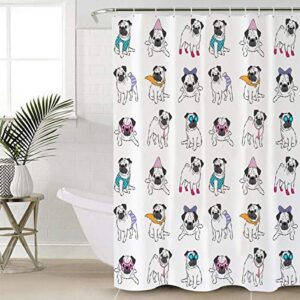 BestLives 4 Pcs Shower Curtain Sets with Rugs Cute Pug Puppy Dog Non-Slip Soft Toilet Lid Cover for Bathroom Animal Bathroom Sets with Bath Mat and 12 Hooks