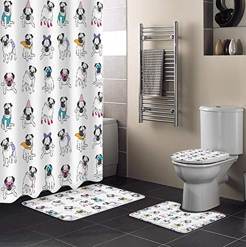 BestLives 4 Pcs Shower Curtain Sets with Rugs Cute Pug Puppy Dog Non-Slip Soft Toilet Lid Cover for Bathroom Animal Bathroom Sets with Bath Mat and 12 Hooks