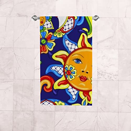 ZHONGJI Hand Towels 2 Piece Mexican Talavera Cute Pattern Blue Comfortable Skin-Friendly Non-Fading Bathroom Spa Kitchen Hotel Bath Gym Running 30X15 Inch