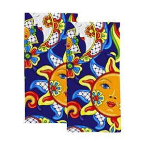 zhongji hand towels 2 piece mexican talavera cute pattern blue comfortable skin-friendly non-fading bathroom spa kitchen hotel bath gym running 30x15 inch