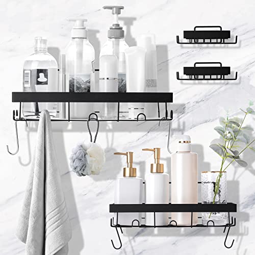 Shower Caddy | Bathroom Shelf, 4 Pack Adhesive Shower Shelf, Shower Rack with 4 Hooks,SUS304 Rustproof | No Drilling Traceless Adhesive Shower Organizer, for Shower & Kitchen(Frosted Black)