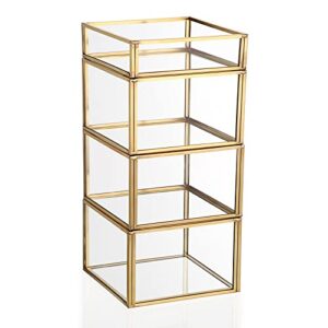 hipiwe 4-tiered gold glass jewelry box stackable trinket organizer decorative glass box q-tip holder cotton ball and swab storage holder for bathroom dresser office countertop