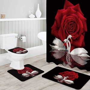 4 pieces shower curtain bath rugs set romantic mother's day red rose and lake swan waterproof bathroom curtains non-slip floor doormats toilet lid cover and u shape carpet