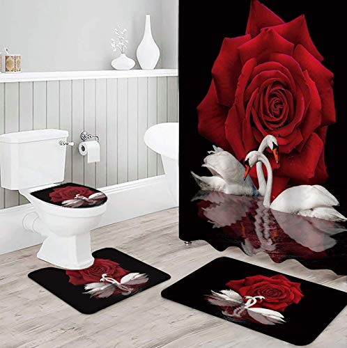 4 Pieces Shower Curtain Bath Rugs Set Romantic Mother's Day Red Rose and Lake Swan Waterproof Bathroom Curtains Non-Slip Floor Doormats Toilet Lid Cover and U Shape Carpet